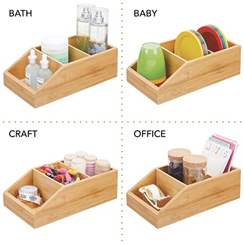 mDesign Bamboo Wood Compact Bathroom Storage Organizer Bin Box - 3 Divided Sections - Cabinets, Shelves, Countertops, Bedroom, Kitchen, Laundry Room, Closet, Garage, 4 Pack - Natural/Tan