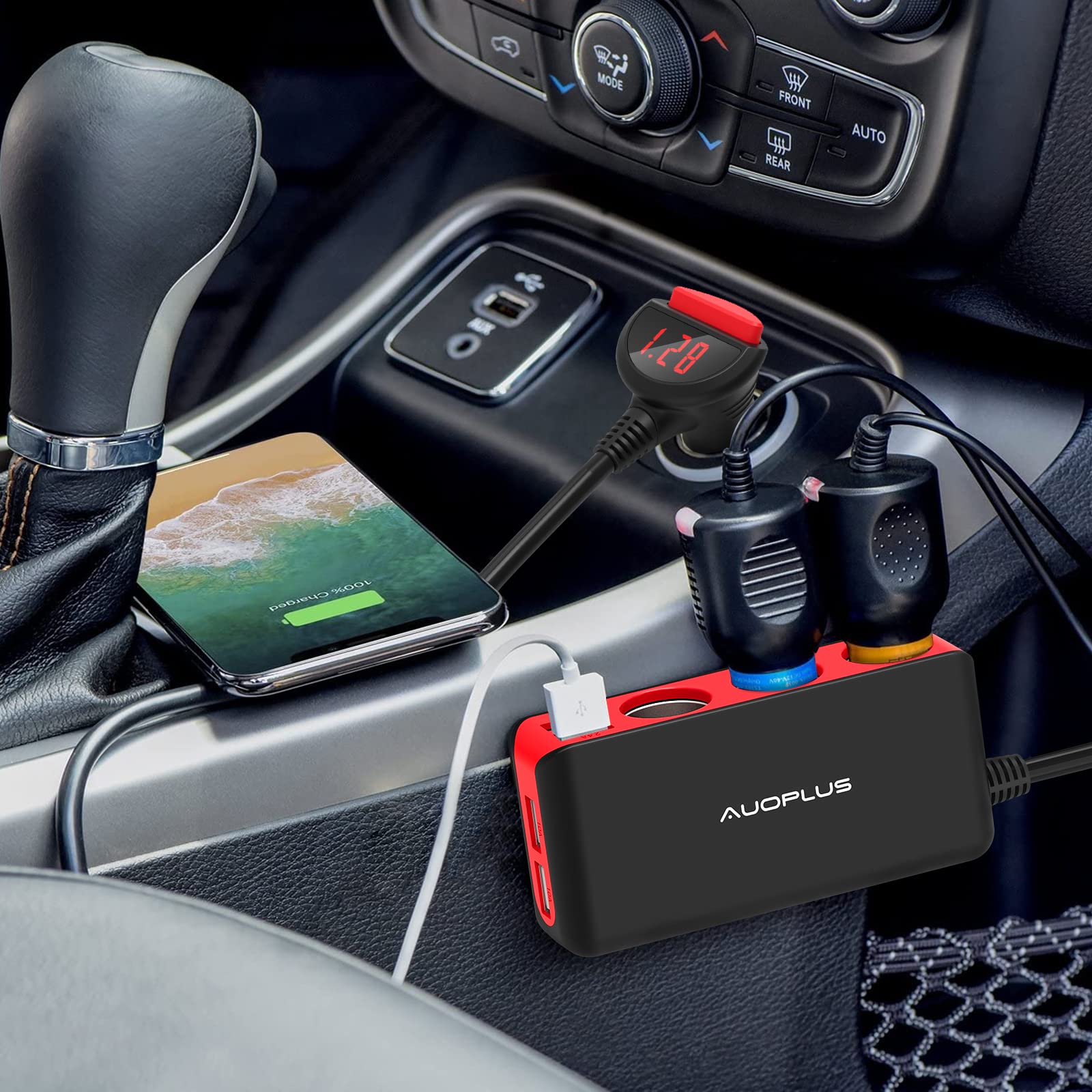 AUOPLUS 120W 3 Socket Cigarette Lighter Splitter Car Charger Adapter, LED Voltage Display Dual 4 USB Chargers(6.8A), Car Charger On/Off Switches 12V for iPhone iPad Samsung GPS Dashcam