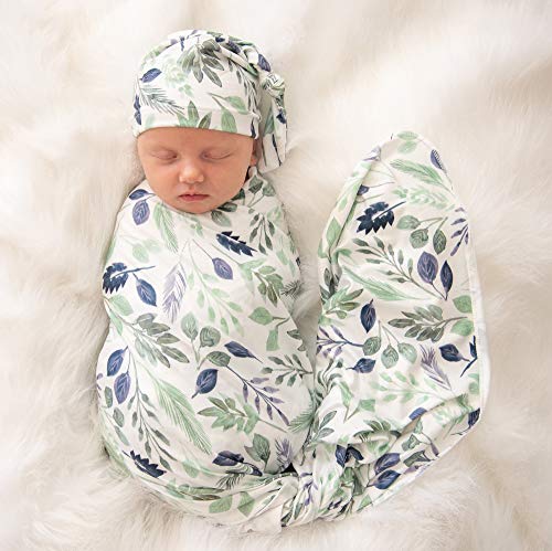 Terriboo Baby Receiving Blanket Newborn Wrap for Baby Girl and Boy Leaf Printed Swaddle Beanie Set (Green)