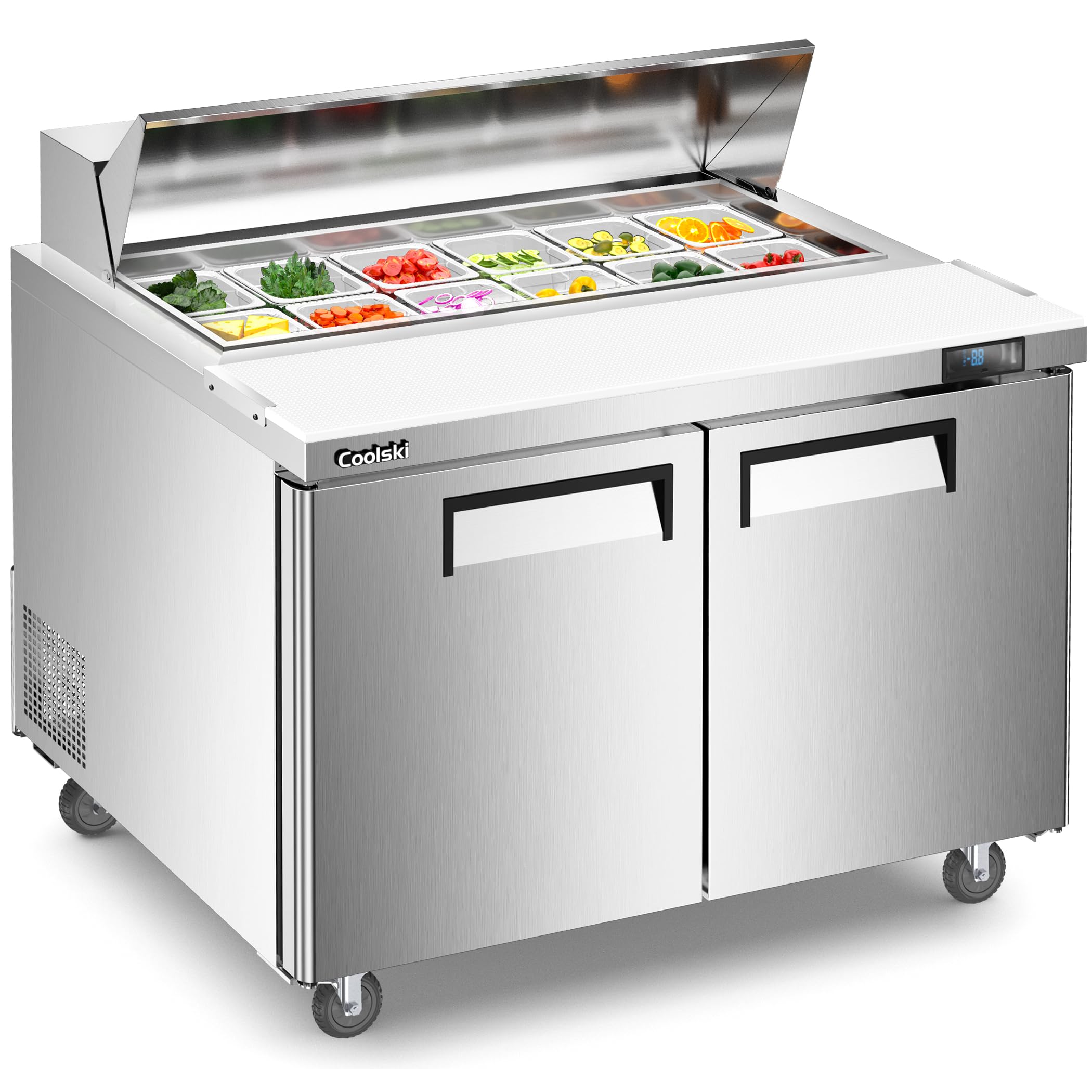 48’’ W Commercial Refrigerator 2 Door, Refrigerated Sandwich Salad Prep Table with 12 Pans Cutting Board, Mega Top/Stainless Steel/13 Cu.FT. Capacity/ETL NSF Approved