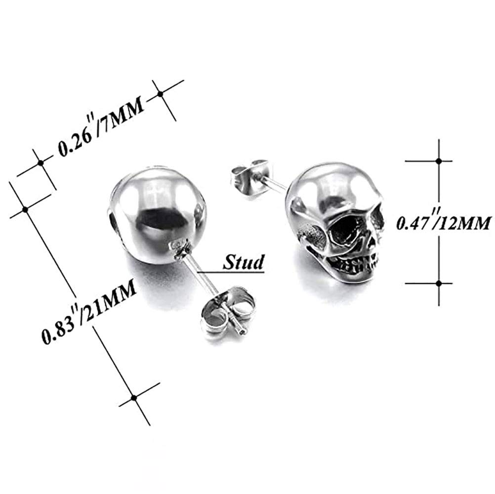 2 Pairs Punk Stainless Steel Stud Skull Earrings for Men Women Silver Black Rock Ear Piercing Earrings
