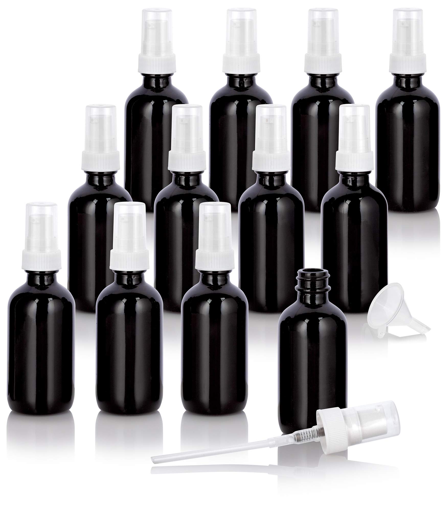 JUVITUS 2 oz Black Glass Luxury Boston Round Bottle White Treatment Pump (12 Pack) + Funnel