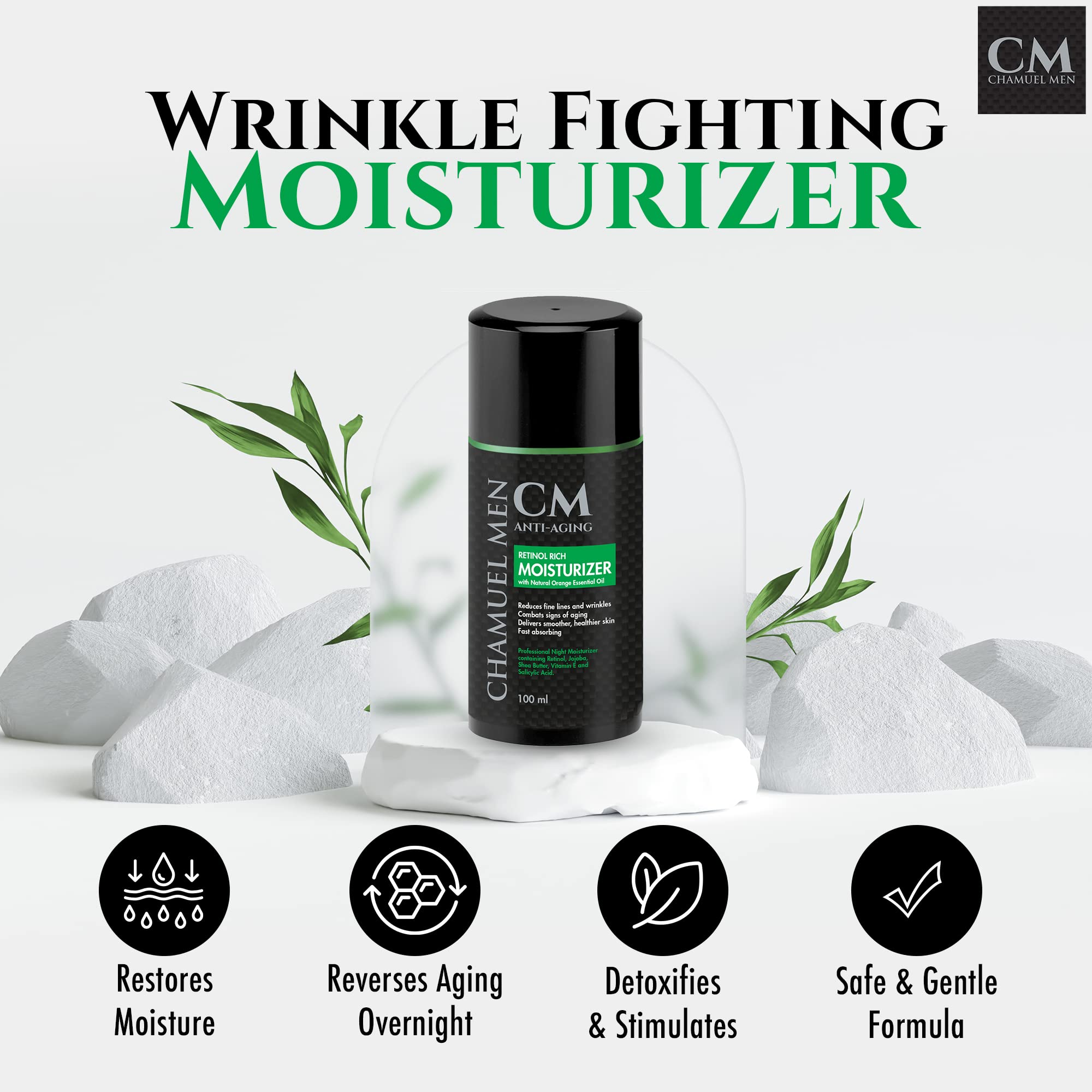 CHAMUEL MEN Daily Face Cream for Men with 2.5% Retinol Anti-Aging Moisturizer for Fine Lines, Dark Spots, and Wrinkles - Overnight Lotion