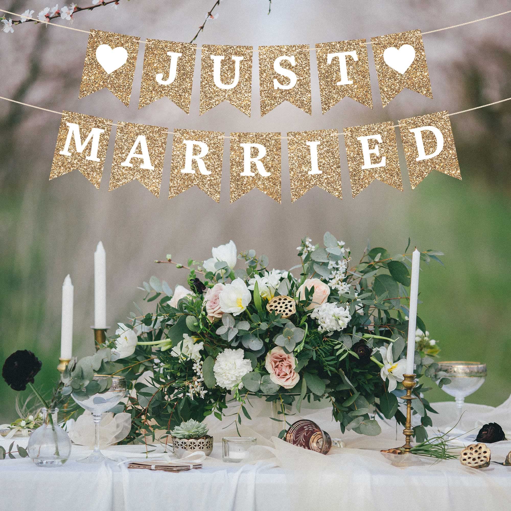 Pre-Strung Just Married Banner - NO DIY - Gold Glitter Wedding Party Banner - Pre-Strung Garland on 6 ft Strands - Gold Wedding Reception Party or Car Decorations & Decor. Did we Mention no DIY?