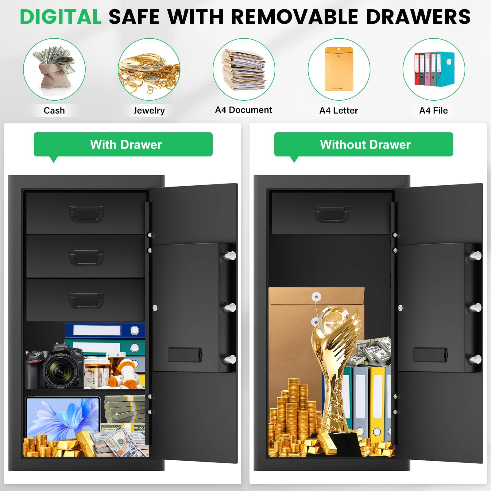 6.0 Cubic Large Home Safes Water and Fireproof, Anti-theft Document Safe Box with Removable Drawer & Shelf, Digital Fire Proof Safe for Home Money Jewelry Valuables