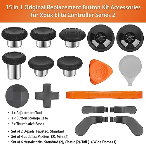 15 in 1 Accessories Replacement Buttons Kit for Xbox Elite Controller Series 2,Includes 6 Metal Magnetic Thumbsticks,4 Paddles, 2 D-Pads, 2 Thumbstick Bases, 1 Adjustment Tool (Model 1797)