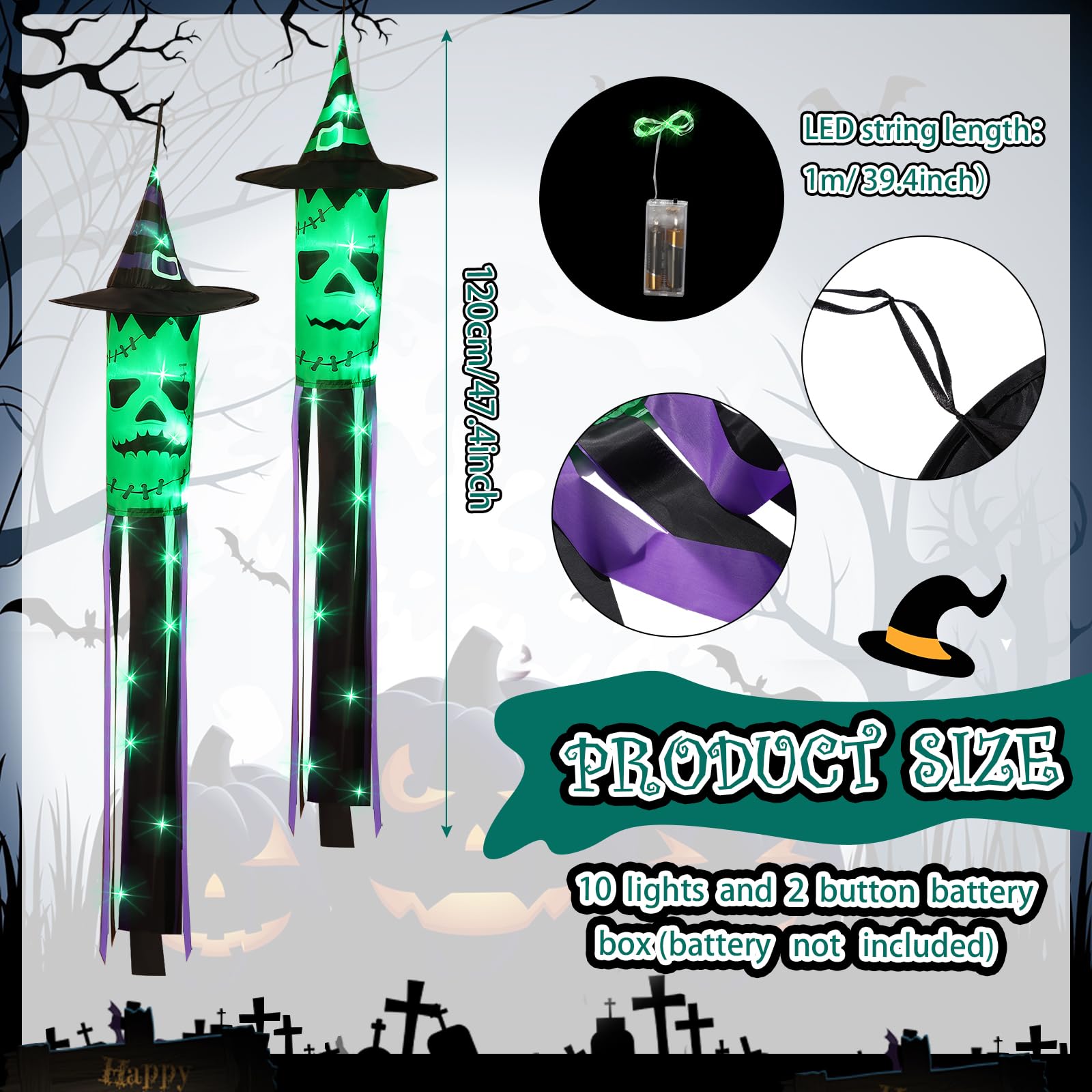 2 Pack Halloween Windsock Flag Halloween Outdoor Decorations with LED Lights Hanging Glowing Witch Hat Windsock Flag Ghost Spooky Wind Socks for Trees Yard Front Door Decor (Green Ghost)