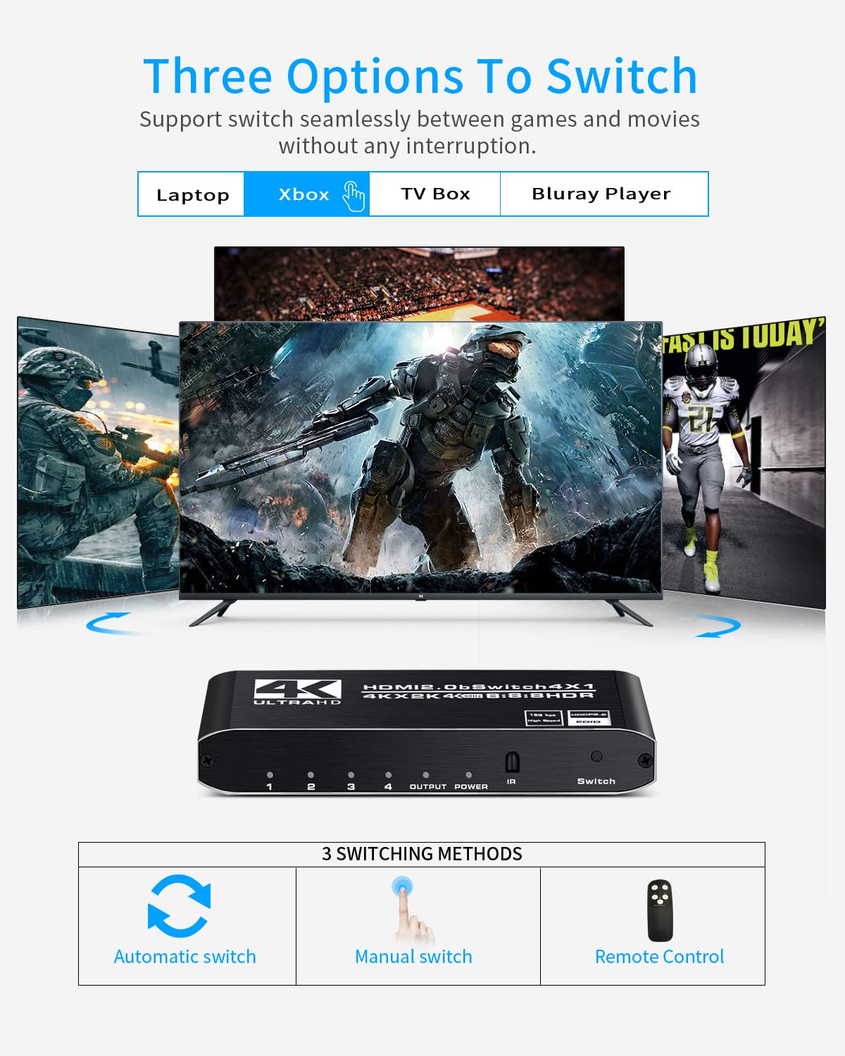 4k HDR HDMI Switch, Koopman 4 Ports HDMI 2.0 Switcher Selector with IR Remote Control, Supports HDCP 2.2 4K@60Hz UltraHD HDR10 3D HD1080P Dolby DST, HDMI Splitter for PS4 Xbox Apple TV Fire Stick