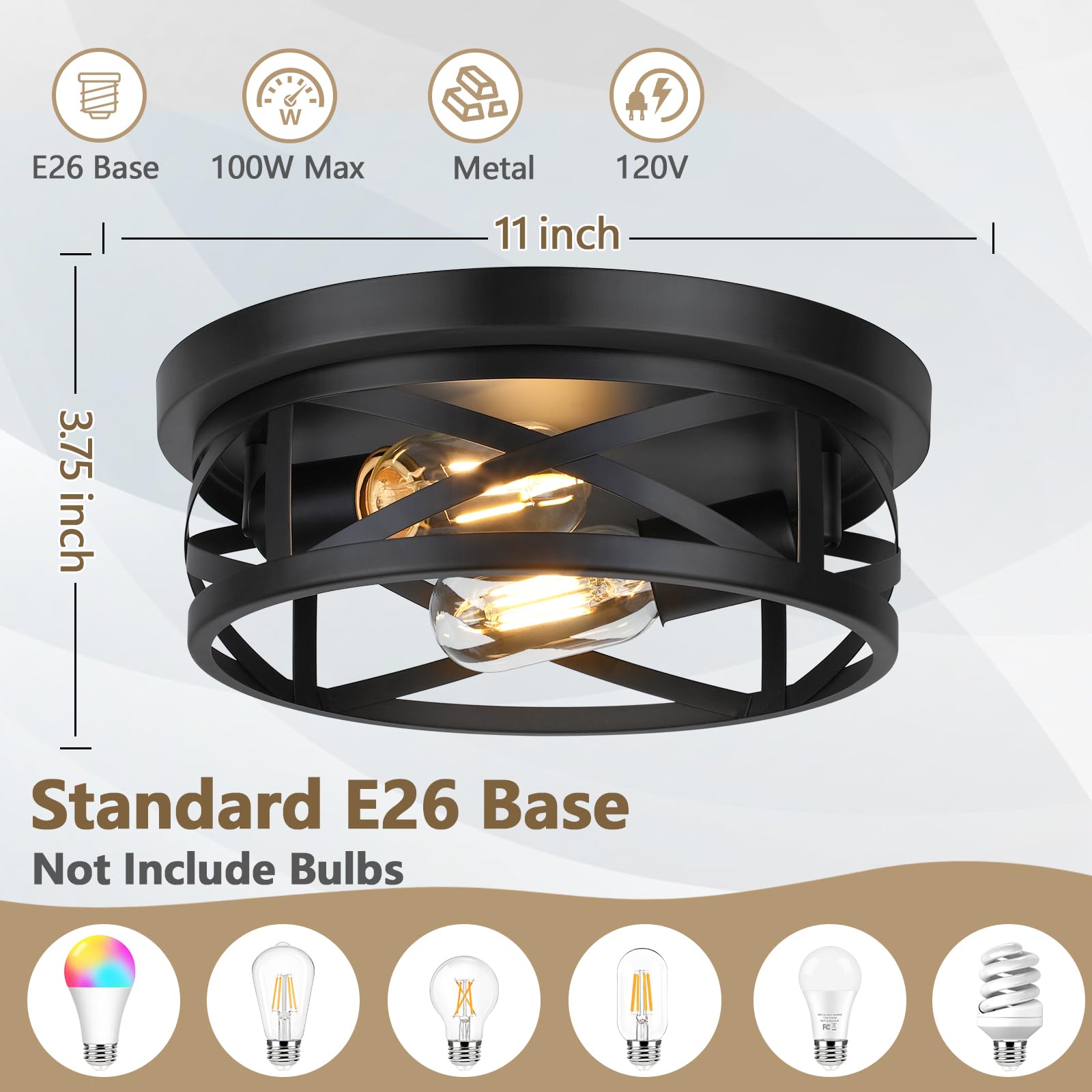 2-Light Flush Mount Ceiling Light Fixtures, 2-Pack Farmhouse Black Ceiling Lights, Industrial Metal Cage Light Fixtures Ceiling Mounted with Adjustable Head, Ceiling Lights for Bedroom Hallway Kitchen
