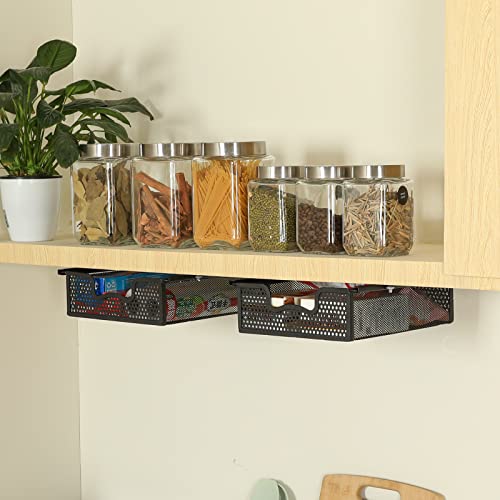 2 Pack Hanging Pullout Drawer Basket, Sliding Under Storage Organizer, Under Shelf Baskets Under Cabinet Organizer Shelf Under Desk for Kitchen Pantry Cabinet, Attaches to Shelving, Black