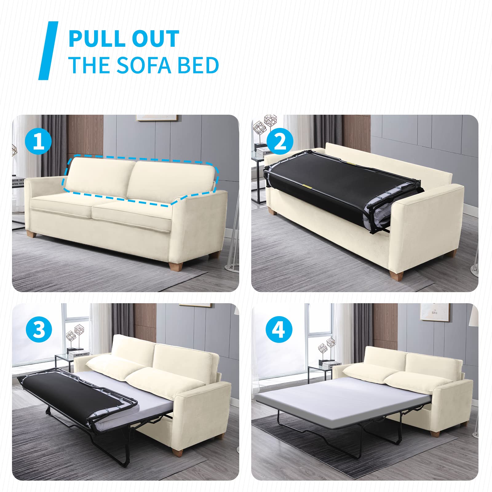Mjkone Queen Size Pull Out Sofa Bed, Velvet Sleeper Sofa Couch with Folding Foam Mattress, 2-in-1 Sofa Pull Out Couch Bed for Living Room Apartment Small Spaces (Queen, Royal Blue)