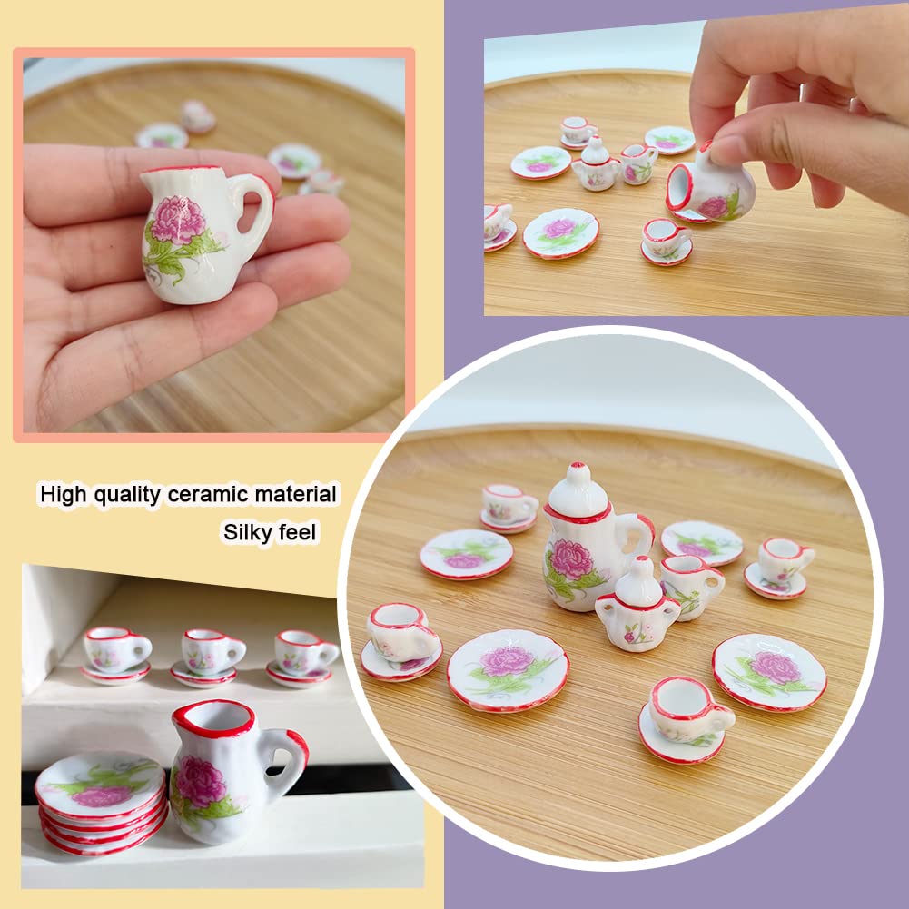15 Pack Miniature Ceramic Doll Tea Set Dollhouse Tea Cup Set Decoration Accessories for Scale 1:12 Dollhouse Craft (Confederate rose)