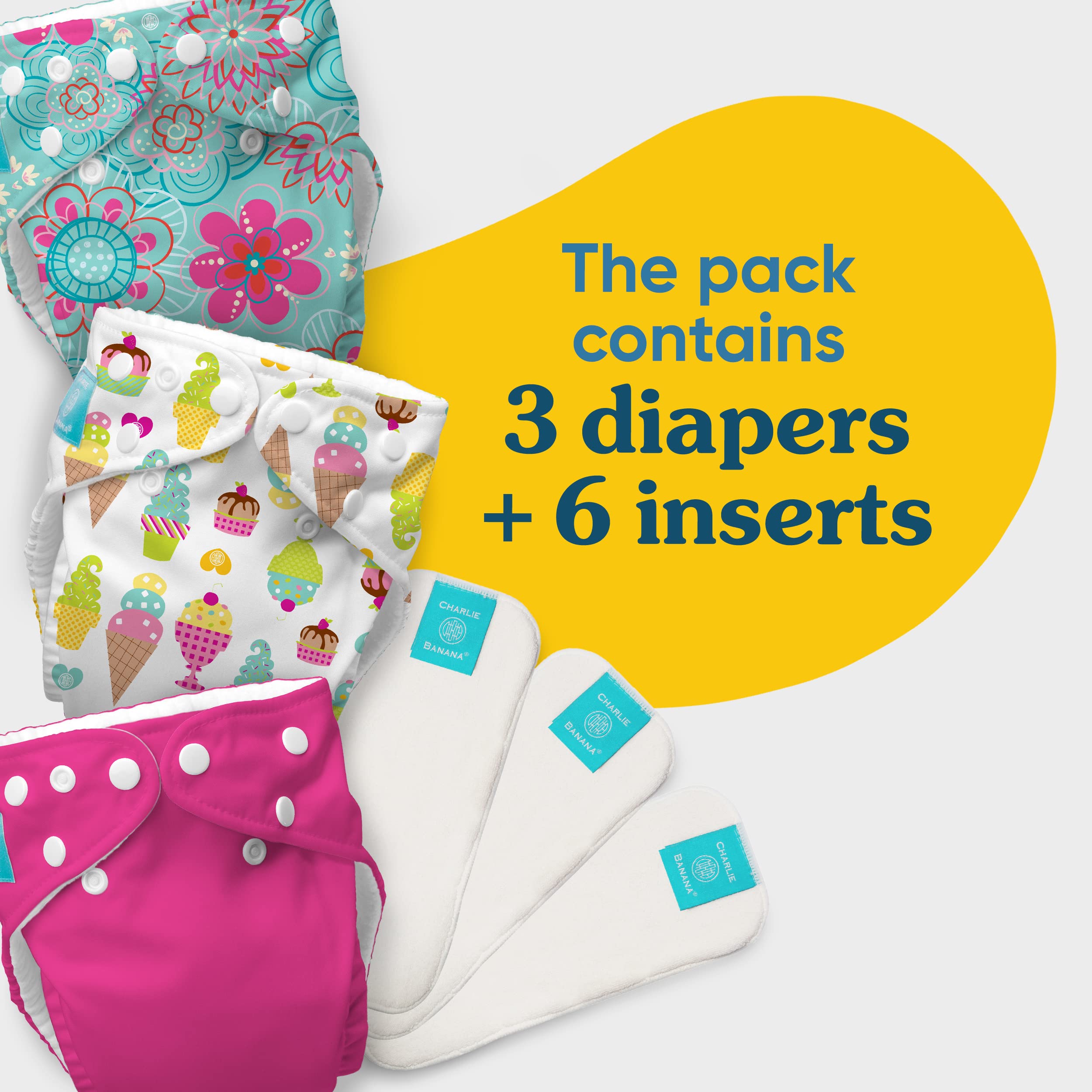 Charlie Banana Baby Washable and Reusable Cloth Diapers, 3 Soft Pocket Diapers and 6 Absorbent Inserts, One-Size, Crush