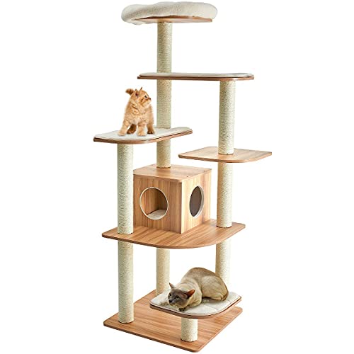 Tangkula Modern Wood Cat Tree, 69-Inch Cat Tower with Multi-Layer Platform, Tall Cat Tree with Sisal Rope Scratching Posts, Cat Condo Furniture w/Washable Plush Cushions for Large Cats Kittens