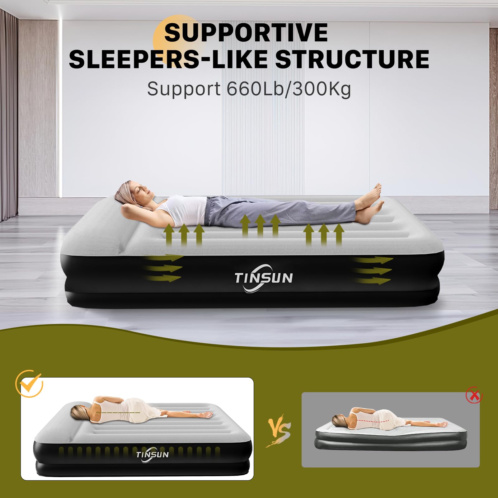 16" Queen Air Mattress with Built-in Rechargeable USB Pump, Pillow - Portable, Easy Setup for Home, Camping, Guests