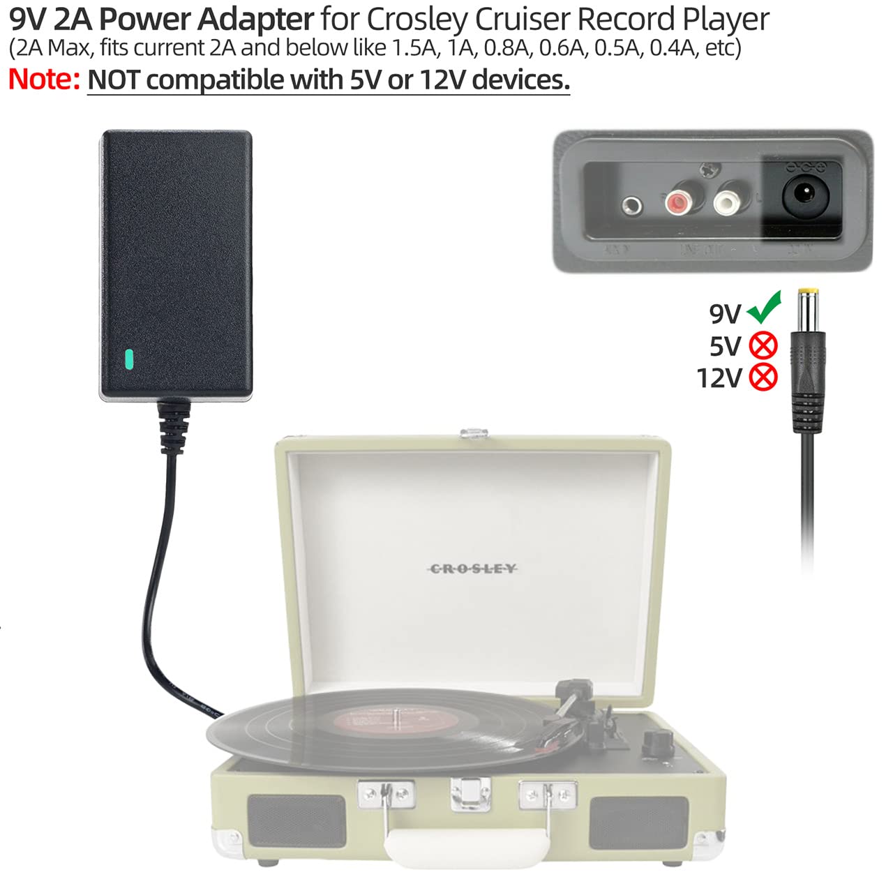 ANTOBLE Adapter Power Cord for Crosley Cruiser Portable Turntable Record Player CR8005A CR8005A-BK CR8005A-TU CR8005C CR89 CR221 Replaces RHD35-0900400 Class 2 AC Charger 9V DC Power Supply 6.5ft Cord
