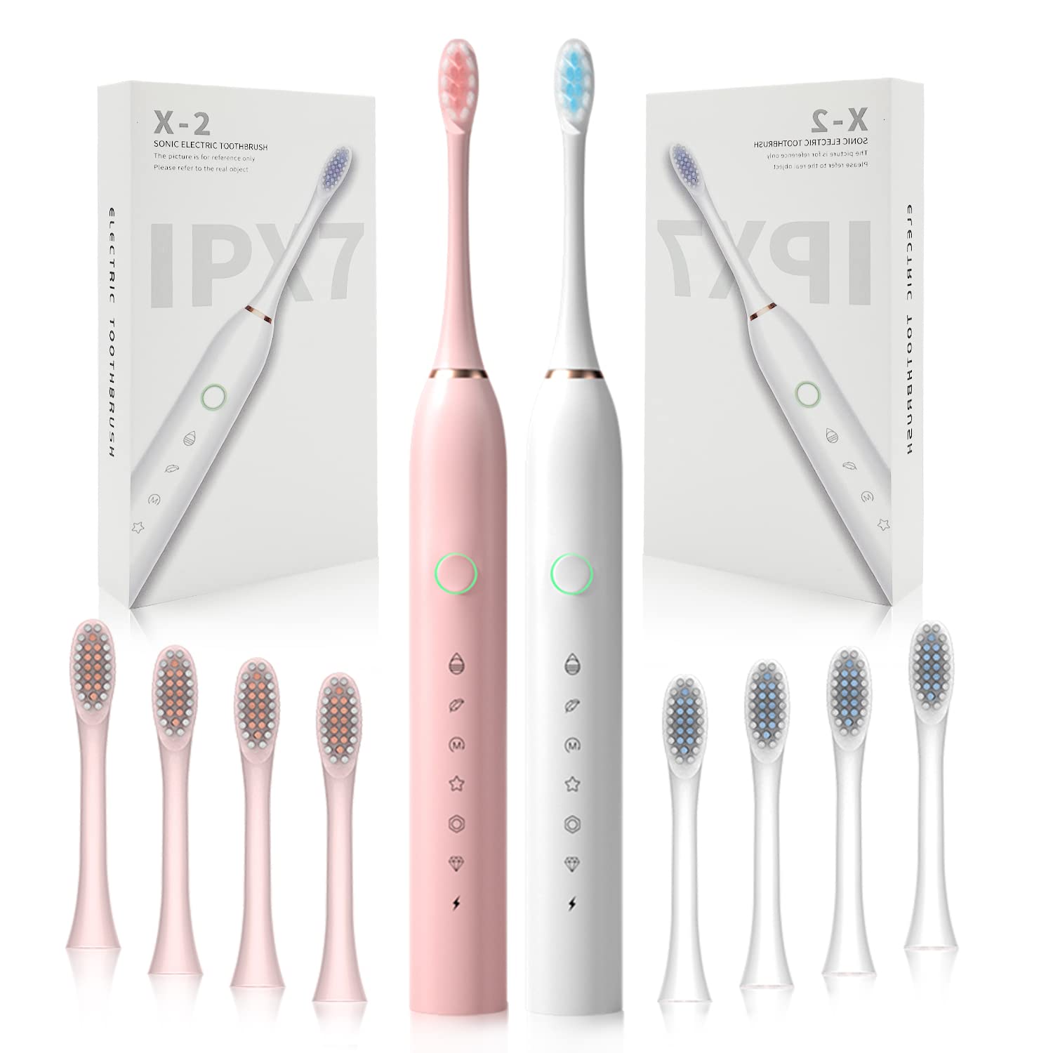 2 Pack Rechargeable Electric Toothbrushes for Adults and Kids, Sonic Whitening Tooth Brush with 8 Brush Heads, 6 Cleaning Modes and Smart Timer, Waterproof Cleaning Toothbrushes Set(pink&white)