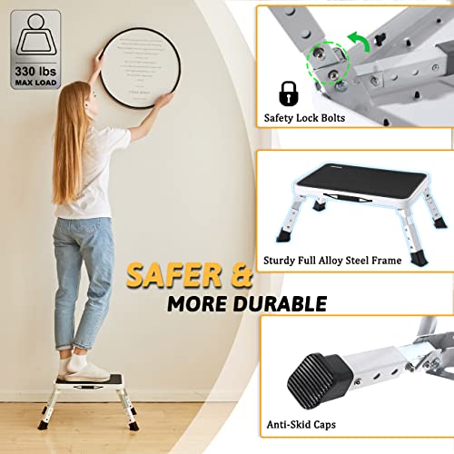 3 Levels Adjustable Folding Step Stool, Safer Metal Step Stools for Adults/Kids/Seniors, Heavy Duty RV Step Stool, Small Kitchen Stepping Stool Portable, Multi-Use Foldable Stool Office - Double Elite