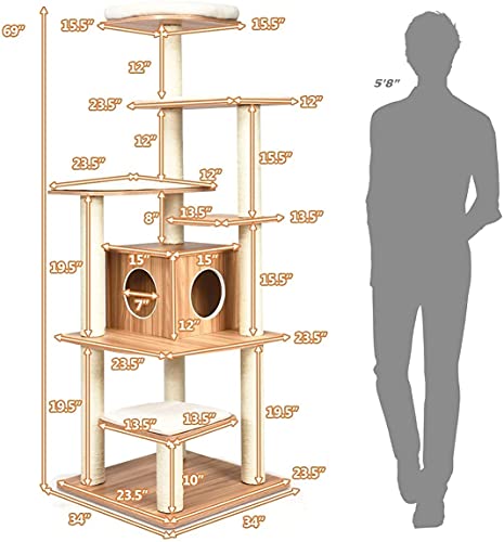 Tangkula Modern Wood Cat Tree, 69-Inch Cat Tower with Multi-Layer Platform, Tall Cat Tree with Sisal Rope Scratching Posts, Cat Condo Furniture w/Washable Plush Cushions for Large Cats Kittens