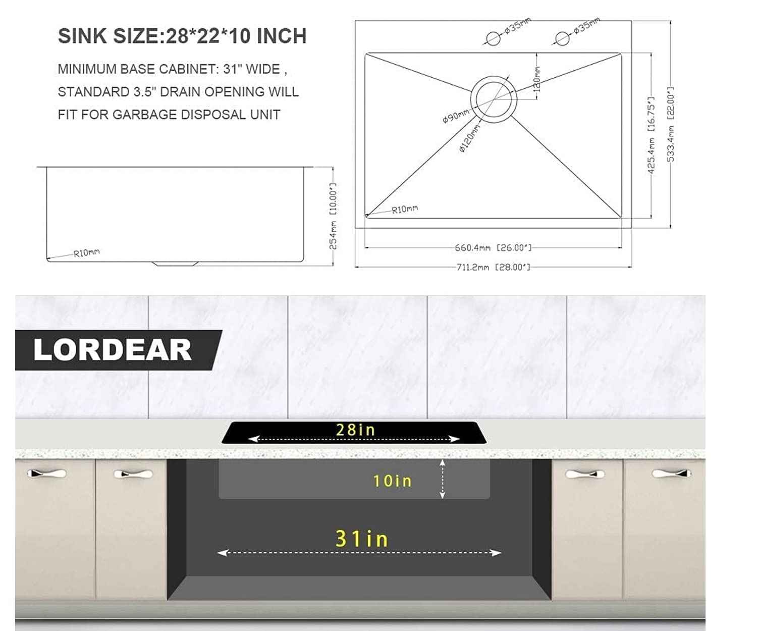 28 Kitchen Sink Drop In - Lordear 28 x 22 Kitchen Sink Single Bowl Drop In Stainless Steel 16-Gauge R10 Tight Radius Topmount Kitchen Sink