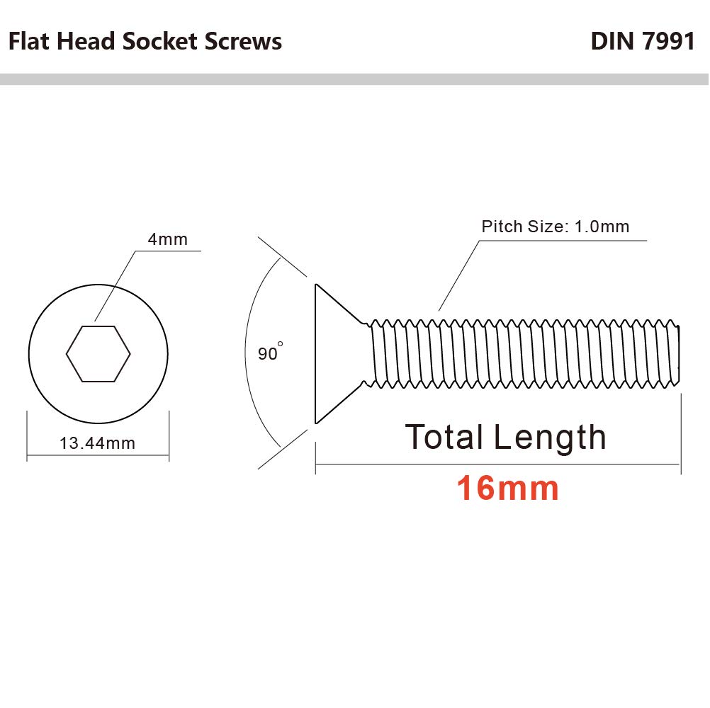 M6-1.0 x 16mm Flat Head Socket Cap Screws, Stainless Steel 18-8 (304), Bright Finish, DIN 7991, Allen Socket Drive, 25 PCS