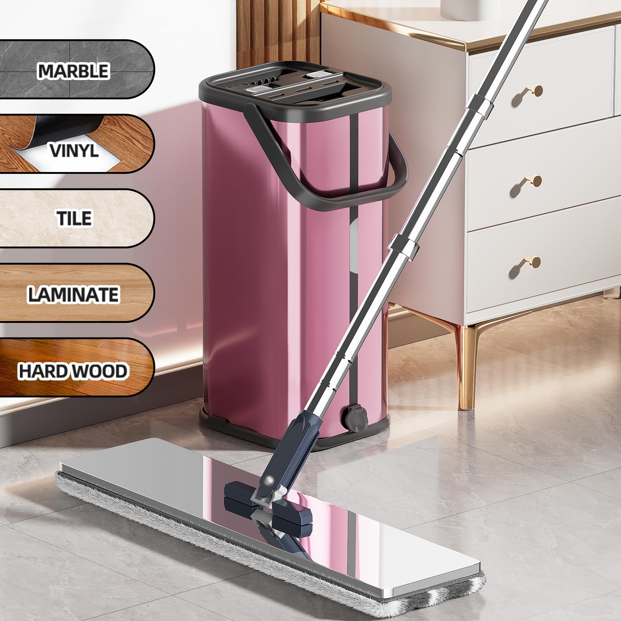 SWIFTIRON Flat Mop and Bucket for Home with Extra Refills, Stainless Steel Mop and Bucket with Wringer, Hands-Free Mop, Wet and Dry Use Mop with Long Handle (Purple)