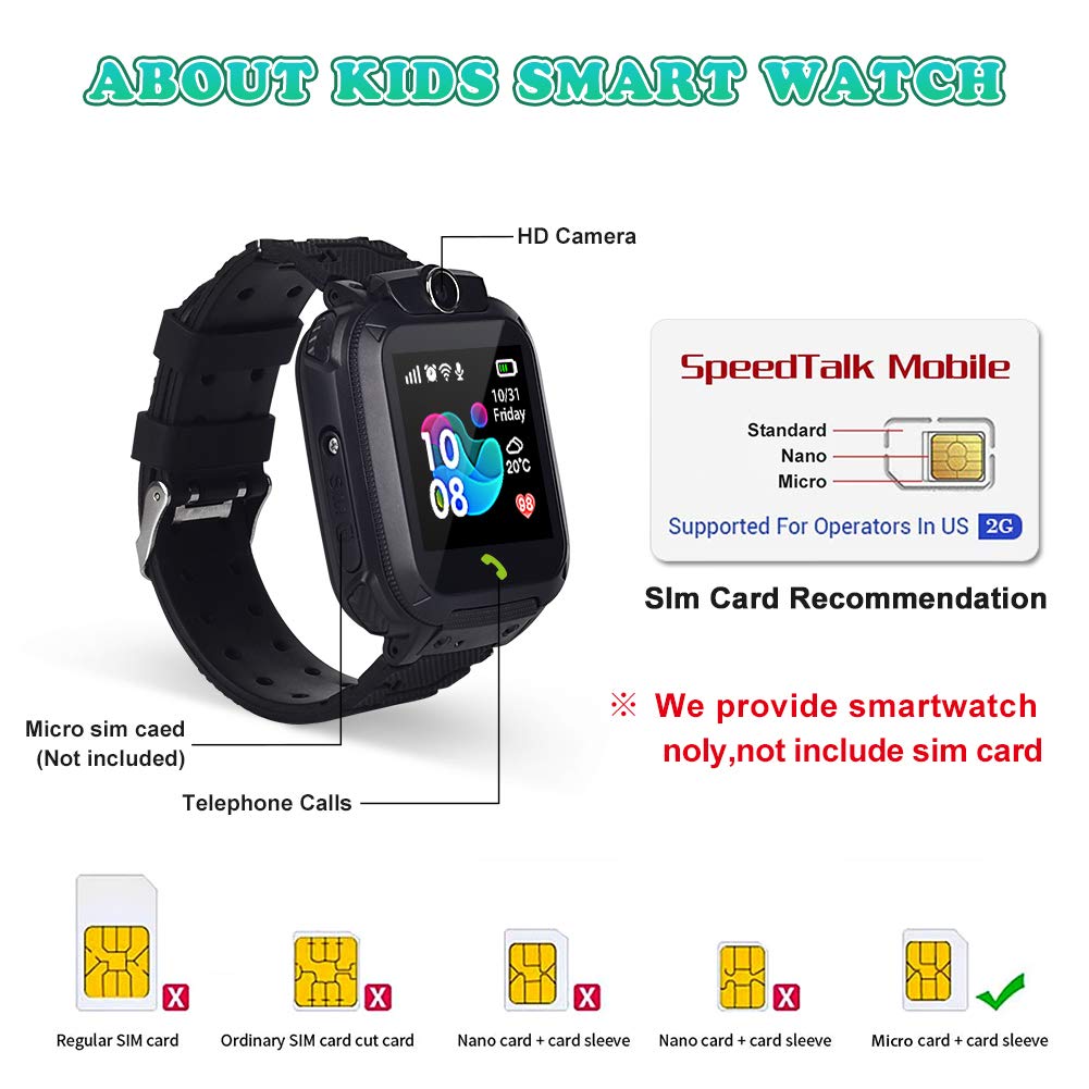 Kids Smart Watch, IP67 Waterproof LBS Positioning Watch HD Touch Screen, with SOS Two-Way Call Clock Camera SIM Card Slot Compatible with iOS and Android(Black)