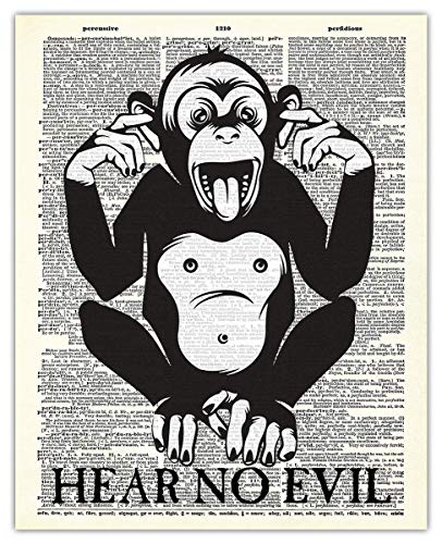 3 Wise Monkeys Dictionary Wall Art Prints: Unique Room Decor for Boys, Men, Girls & Women - Set of Three (8x10) Unframed Pictures - Great Gift Idea