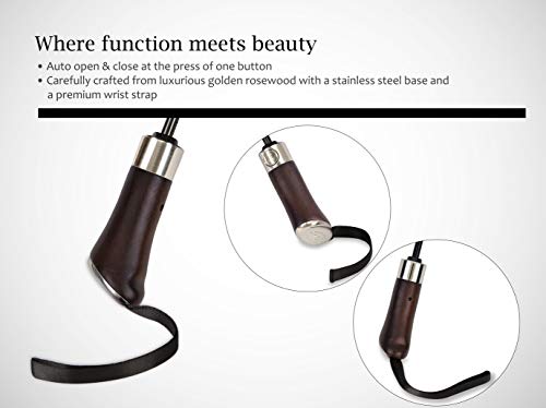 Balios (Designed in UK) Travel Umbrella Luxurious Golden Rosewood Handle Auto Open & Close Windproof Frame Single Canopy Automatic Folding Umbrella Men's & Ladies (Dark Navy)