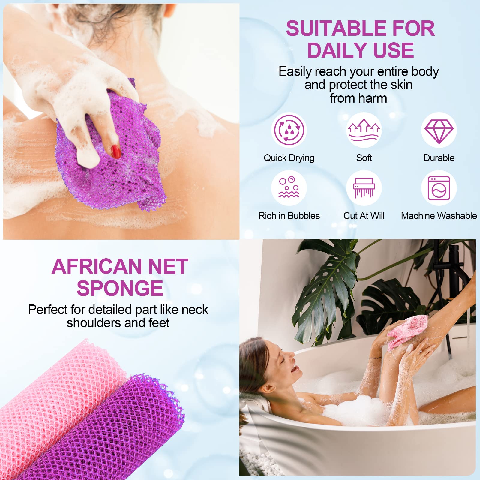 2 Pcs African Net Sponge,African Exfoliating Net,Long Exfoliating Bath Sponge,African Towel Exfoliating,Nylon Net,African Net Wash Cloths,Multipurpose net,Back Scrubber for Shower(Pink,Purple)