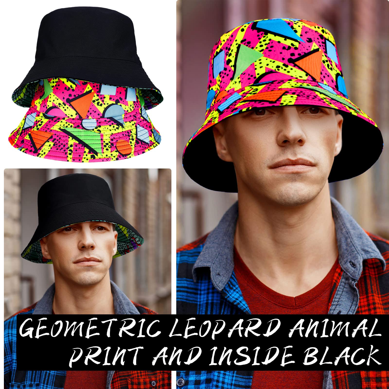2 Pack Retro 80s 90s Bucket Hat for Women Men Vintage Print Fisherman Neon Nylon Hat Reversible Packable Travel Cap (Fresh Style)