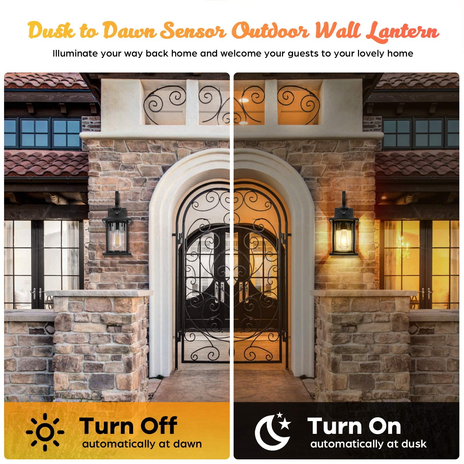 2-Pack Dusk to Dawn Sensor Outdoor Wall Lantern, Exterior Wall Mount Light Fixture with E26 Base Socket, 100% Anti-Rust Aluminum Waterproof Porch Light, Clear Glass Matte Black Wall Sconce for Doorway
