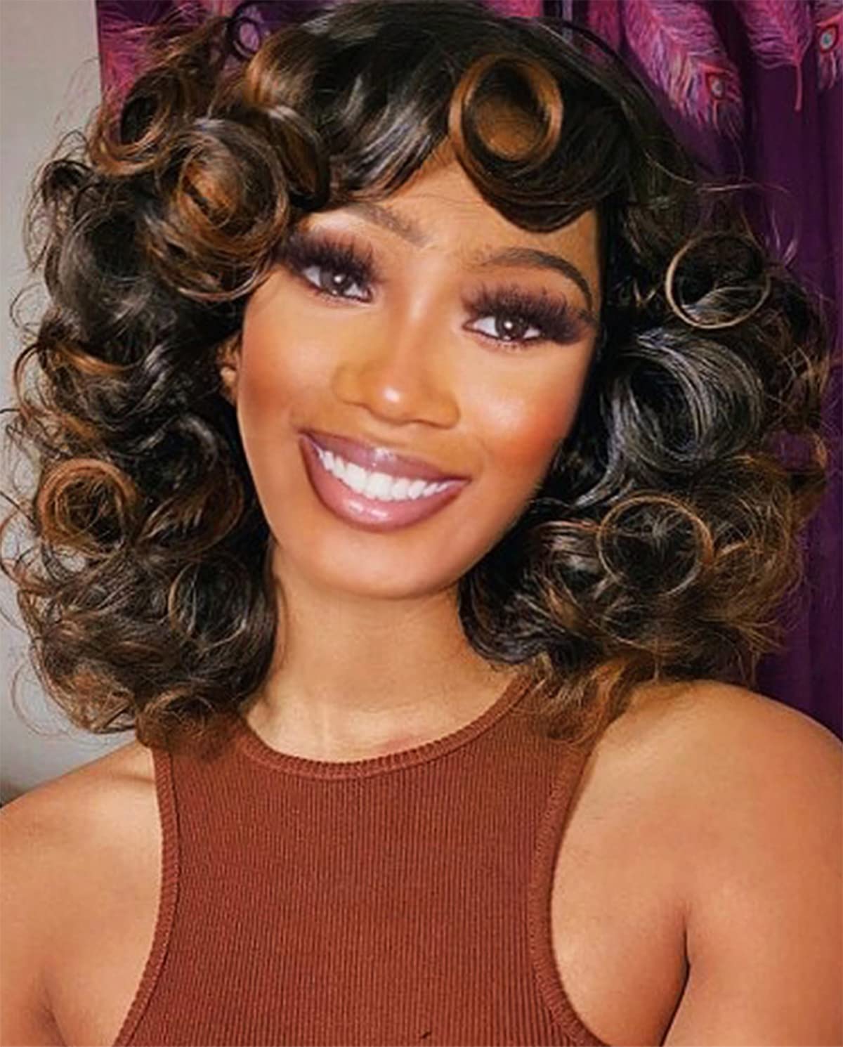 KEAT Curly Wigs for Black Women Short Big Curly Kinky Wigs for Women Afro Wavy Black Mixed Brown Wig with Bangs Cute Natural Synthetic Wigs for African American Women K002