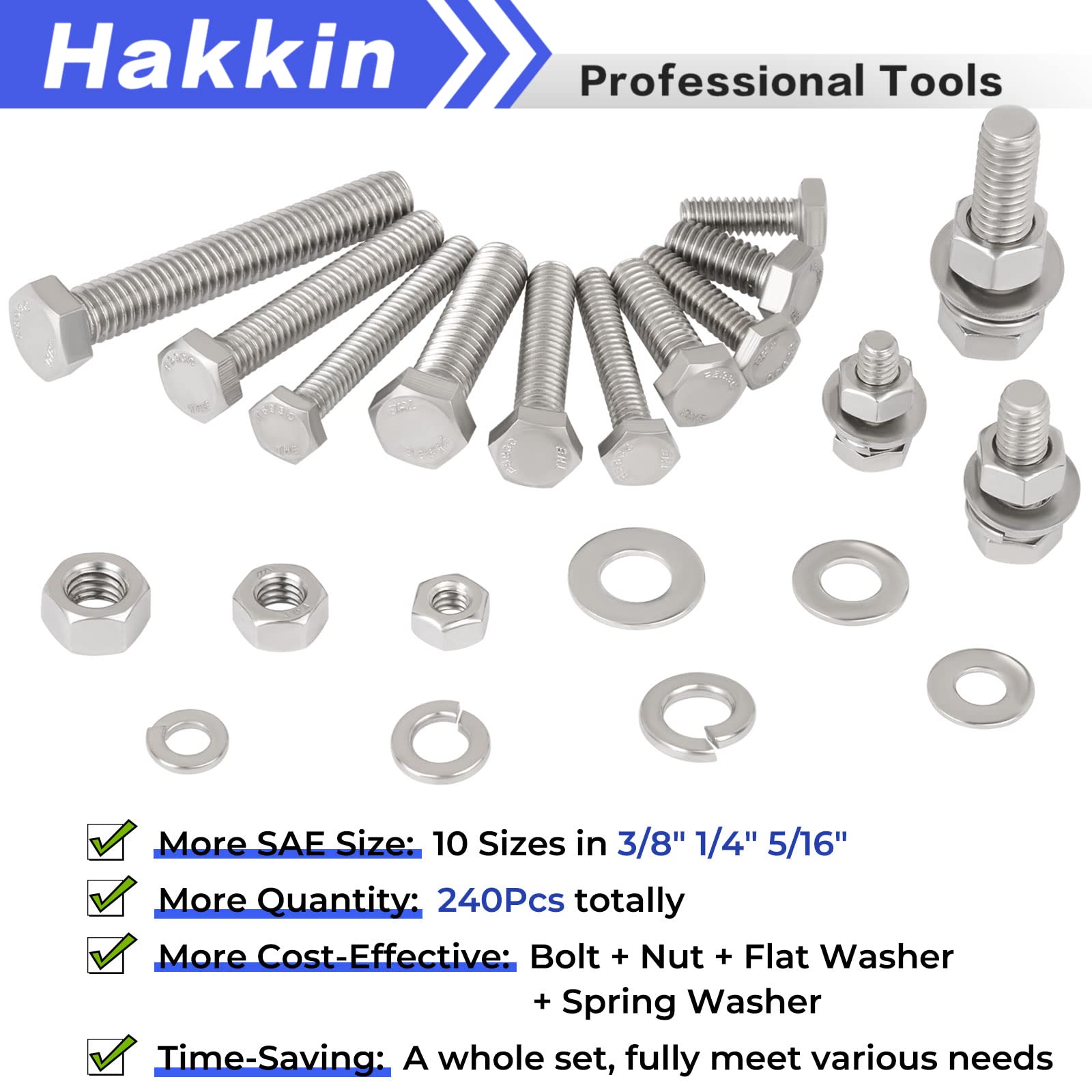 Hakkin 240Pcs Hex Bolts and Nuts Kit Stainless Steel Spring Washers Assortment Kit, 3/8" 1/4" 5/16", 10 SAE Sizes Machine Screws Set with Storage Case