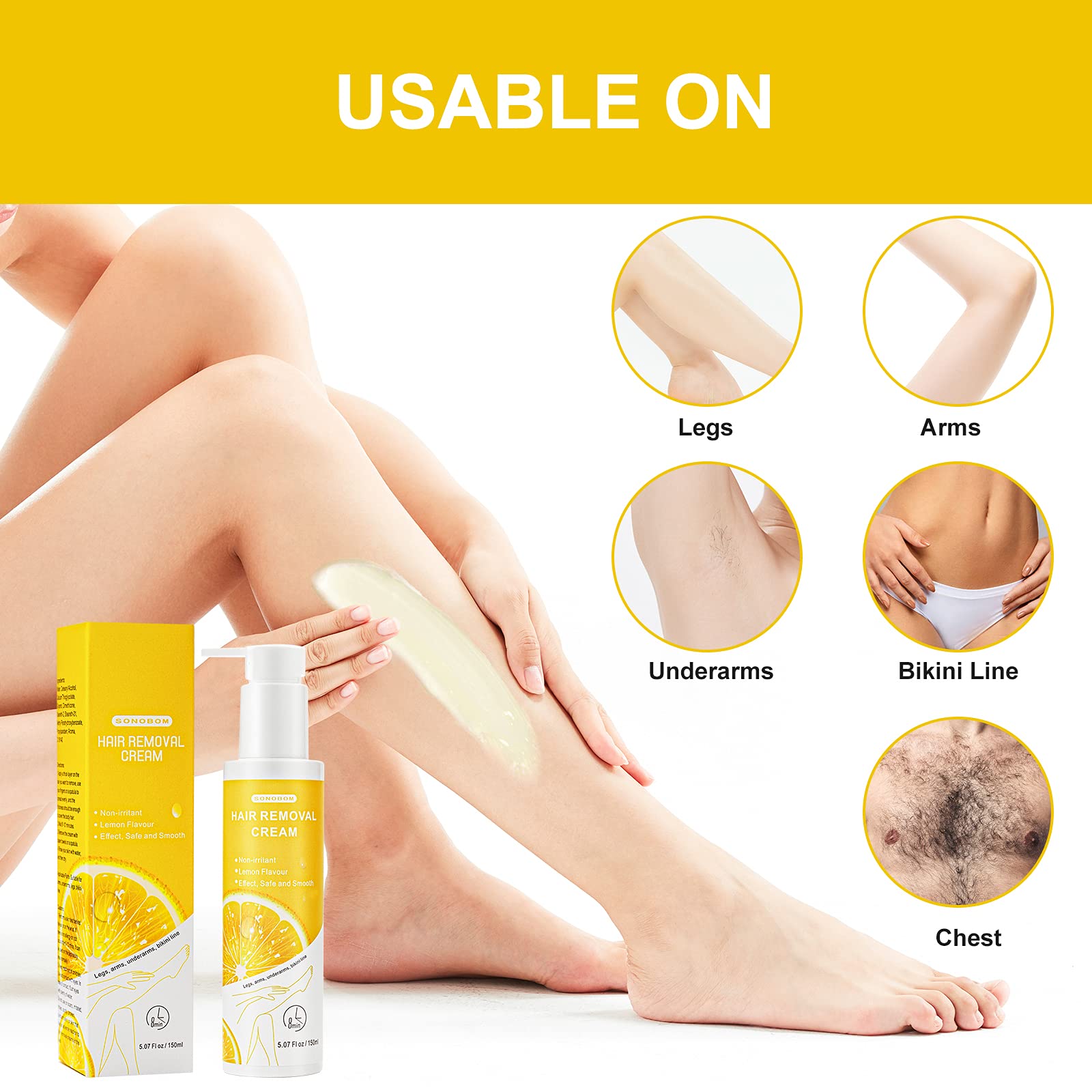 Sonobom Hair Removal Cream, Lemon Flavor, Painless, Non-Irritant for Sensitive Skin, 5.07 Fl oz, For Intimate Area, Arms, Legs, Underarms, Chest, Dermatologically Tested, Unisex