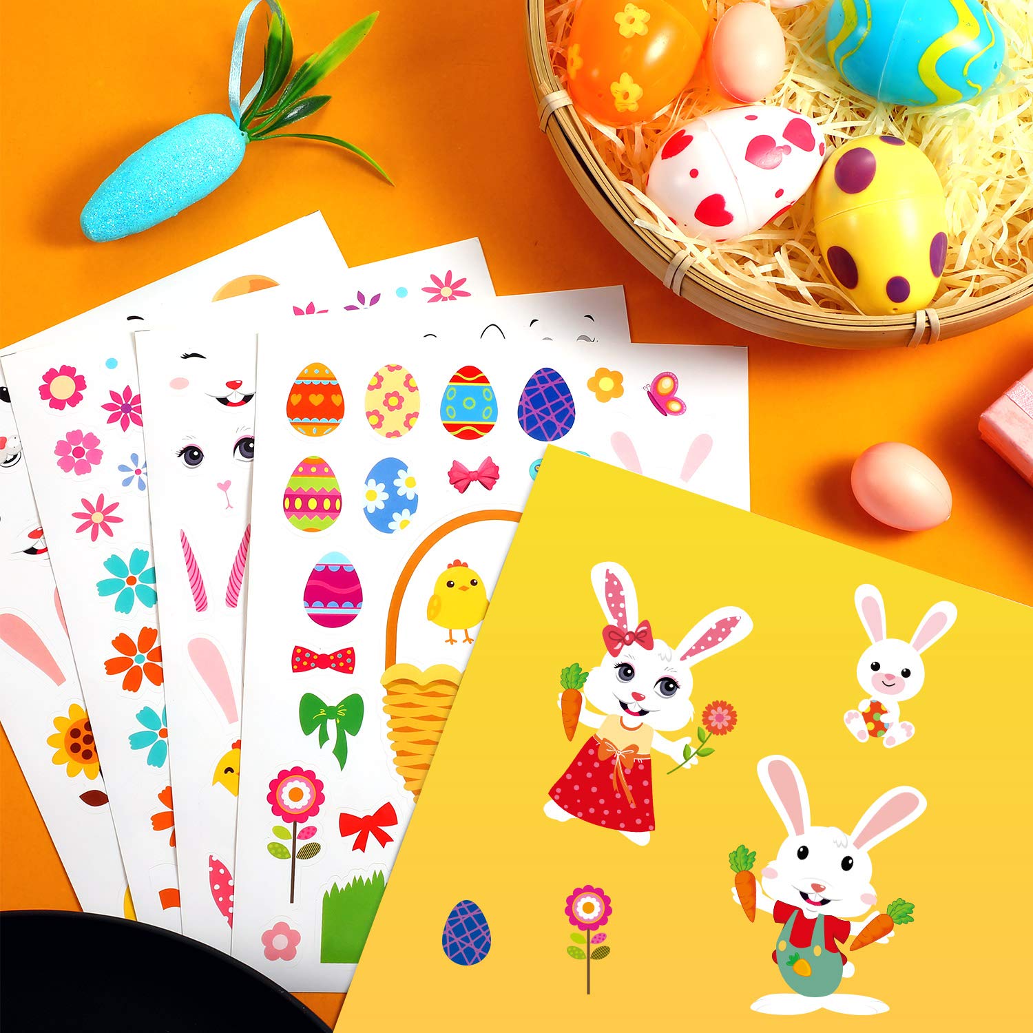 24 Easter Stickers Kids Crafts Make-A-Bunny Stickers, Rabbits Eggs Baskets Sticker Game Easter Stickers for Easter Theme Party Decoration Supplies Favors Fun Craft Project