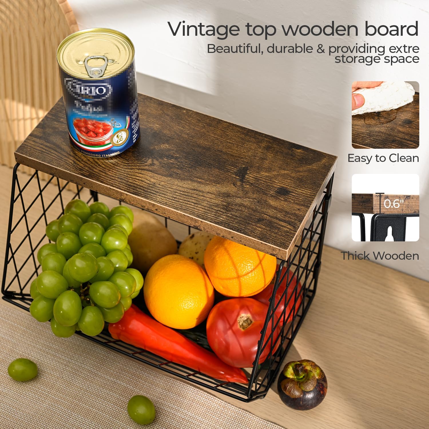 2 Pack Stackable Fruit Baskets with Wood Lid for Kitchen Counter, Wall-Mountable Hanging Wire Baskets with 4 Banana Hanger Hooks, Kitchen Organizers and Storage for Vegetable Onion Potato