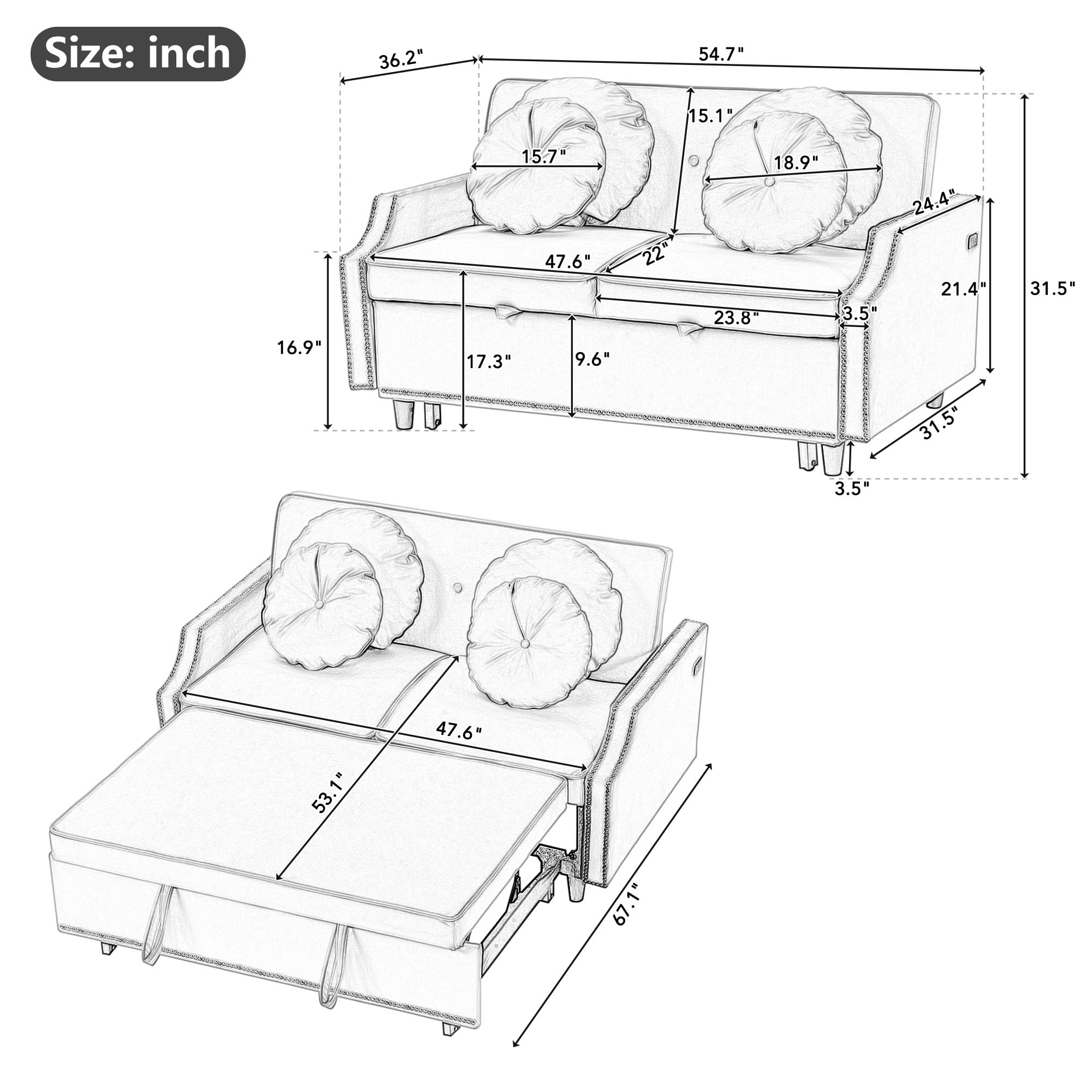 Merax Pull-Out Sofa Bed with a Button Tufted Adjustable Backrest and 4 Lumbar Pillows, 2 Seat Loveseat Lounge with USB Ports, 3 in 1 Convertible Sleeper Couch for Living Room, 54.7", Coffee