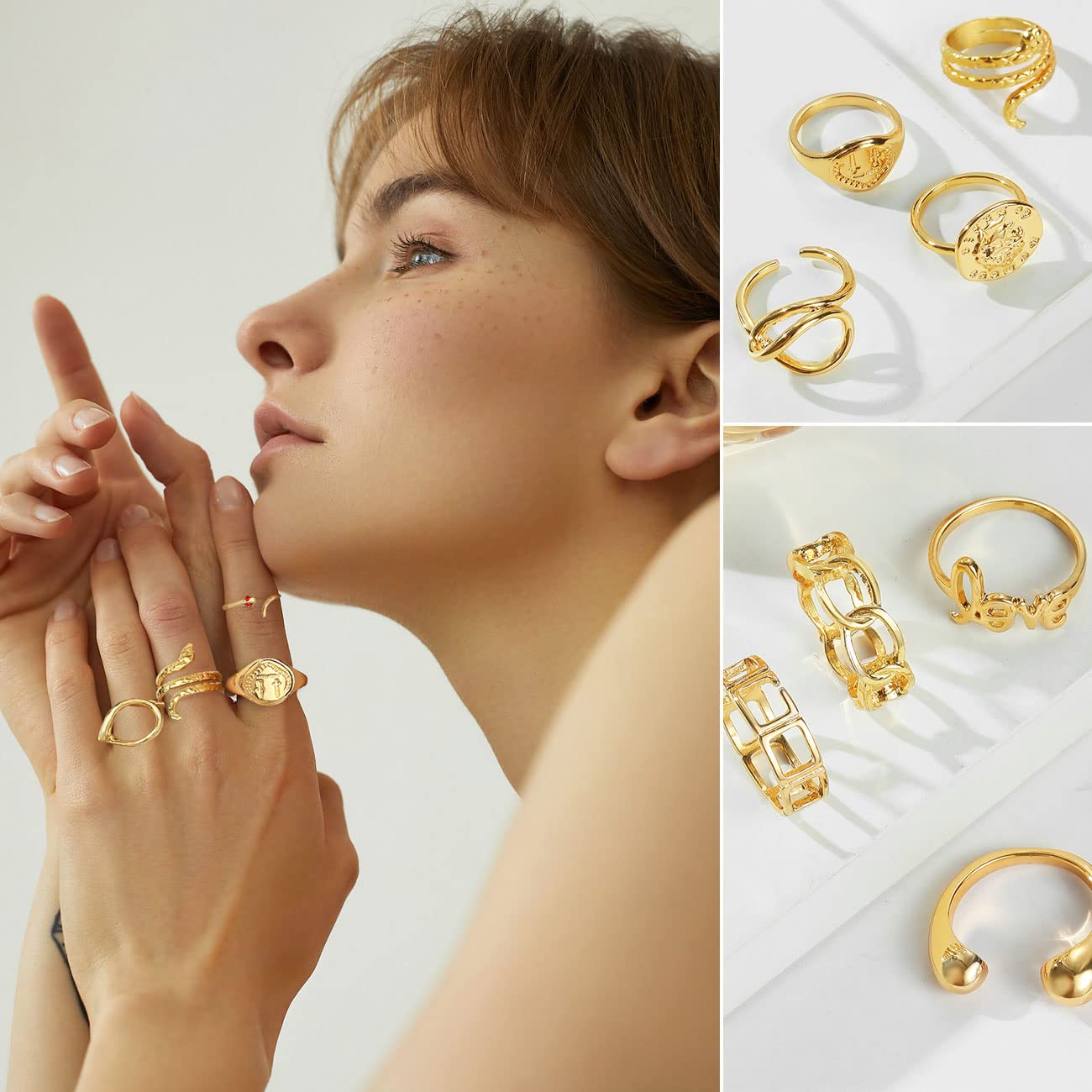 17IF 23 Pcs Gold Knuckle Rings Set for Women Grunge Vintage Goth Punk Chunky Ring Modern Boho Butterfly Snake Rose Stackable Thick Finger Rings Silver Midi Rings Pack Lover for Anniversary Birthday Party