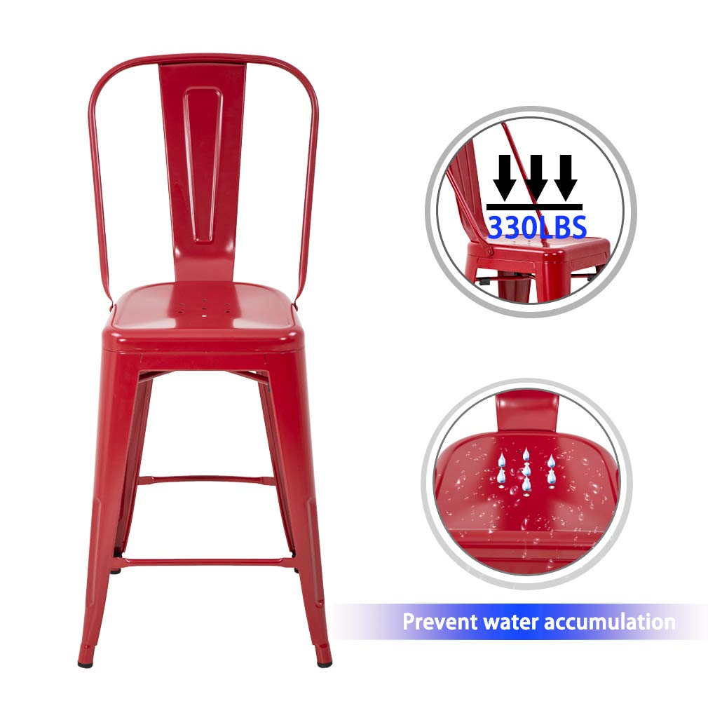 24 Inches Bar Stool Set of 4 Counter Height Barstool with Back Seat Height Industrial Bar Chairs Indoor Outdoor Metal Bar Stool Kitchen Stools Restaurant Patio Stool Stackable Modern Kitchen Stool