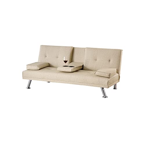 67" Leather Multifunctional Double Convertible Folding Futon Sofa Bed, Adjustable Couch Sleeper Modern for Office with 2 Cupholders, Removable Armrests (Beige)