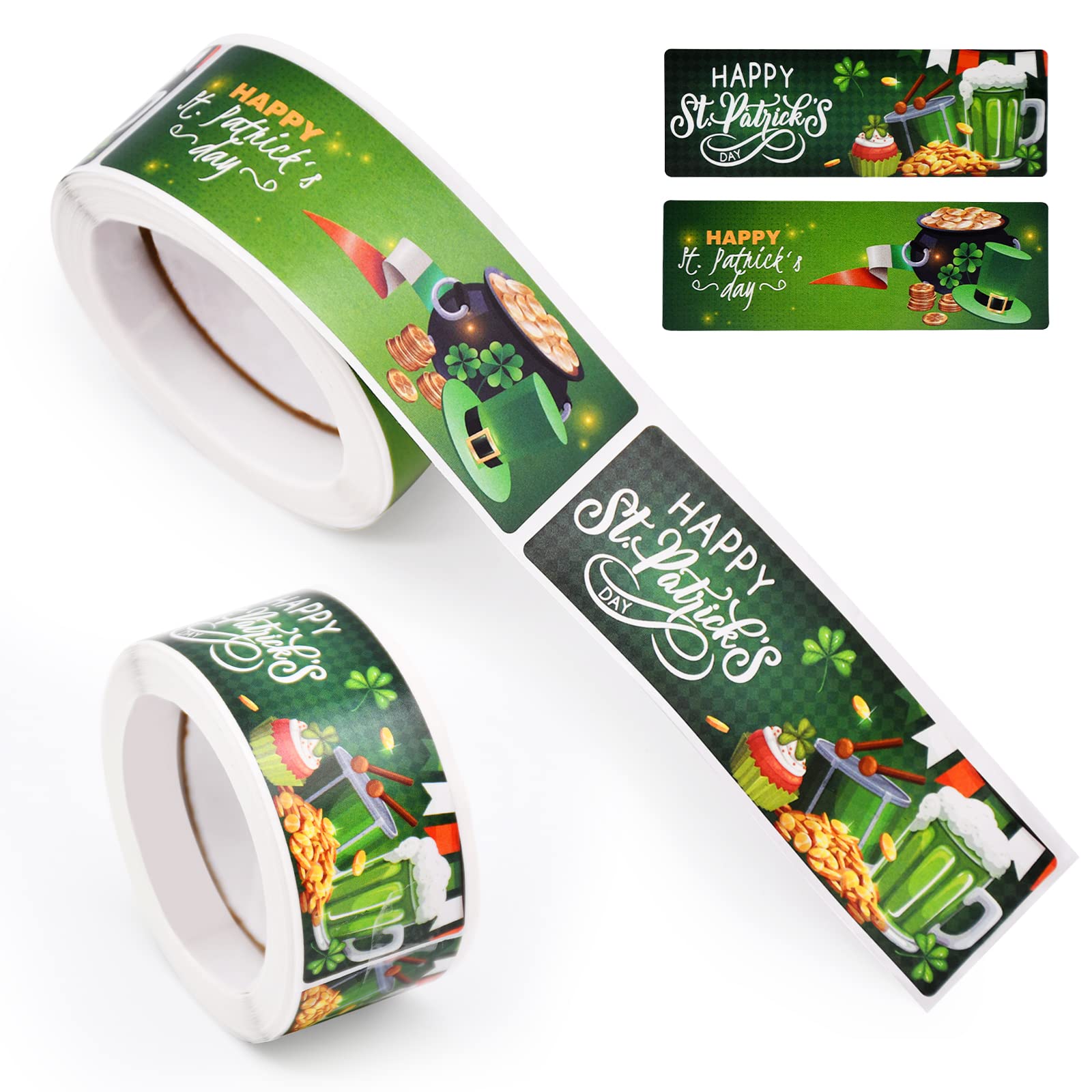 240 Pieces St Patrick's Day Stickers Roll - 2 Patterns 1 Inch Rectangle Green Lucky Stickers for Kids, Irish Self Adhesive Tag Seals Labels for St. Patrick's Day Party Bags Boxes Wrap Cards Bottles Decor
