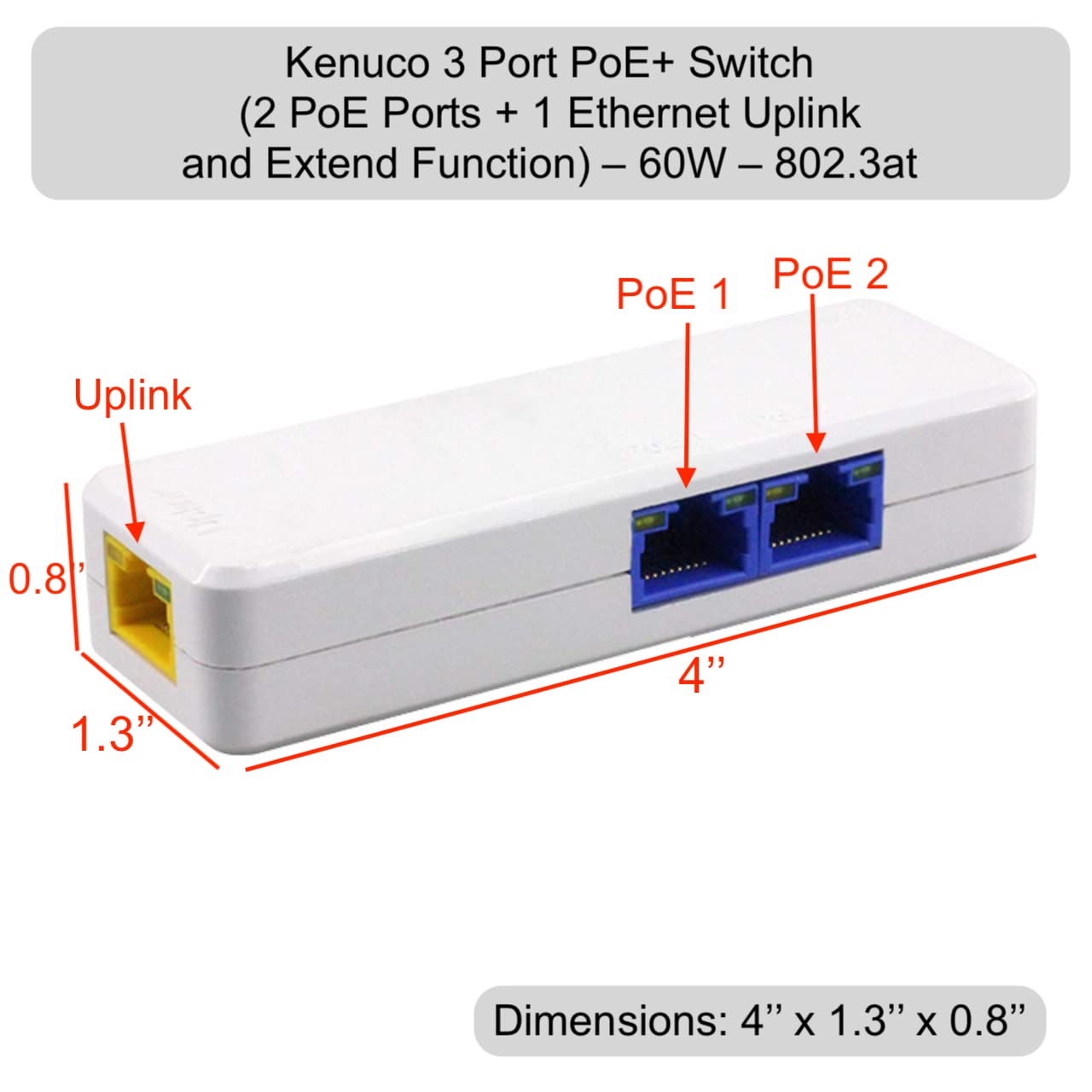 KENUCO PoE Extend Switch, IEEE802.3af/at/bt, PoE+ BT Port 48V 60W Output, Cascade 3-4 Times, Distance Extend 330 ft,No Power Required, Plug&Play.