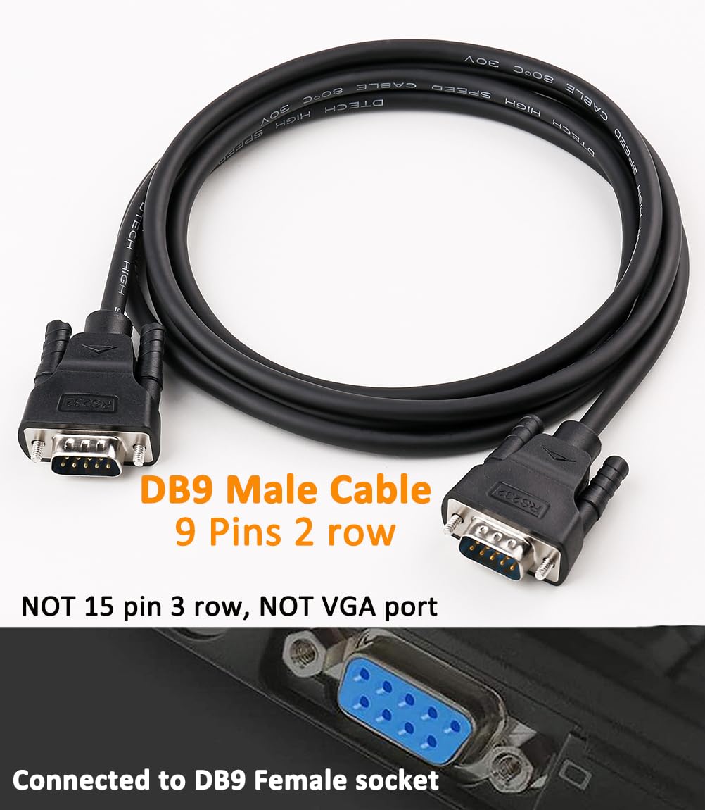 DTech 15ft DB9 RS232 Serial Cable Male to Male Null Modem Cord Full Handshaking 7 Wire Crossover for Data Communication Compatible with Computer Network Switch Router (15 Feet, Black)