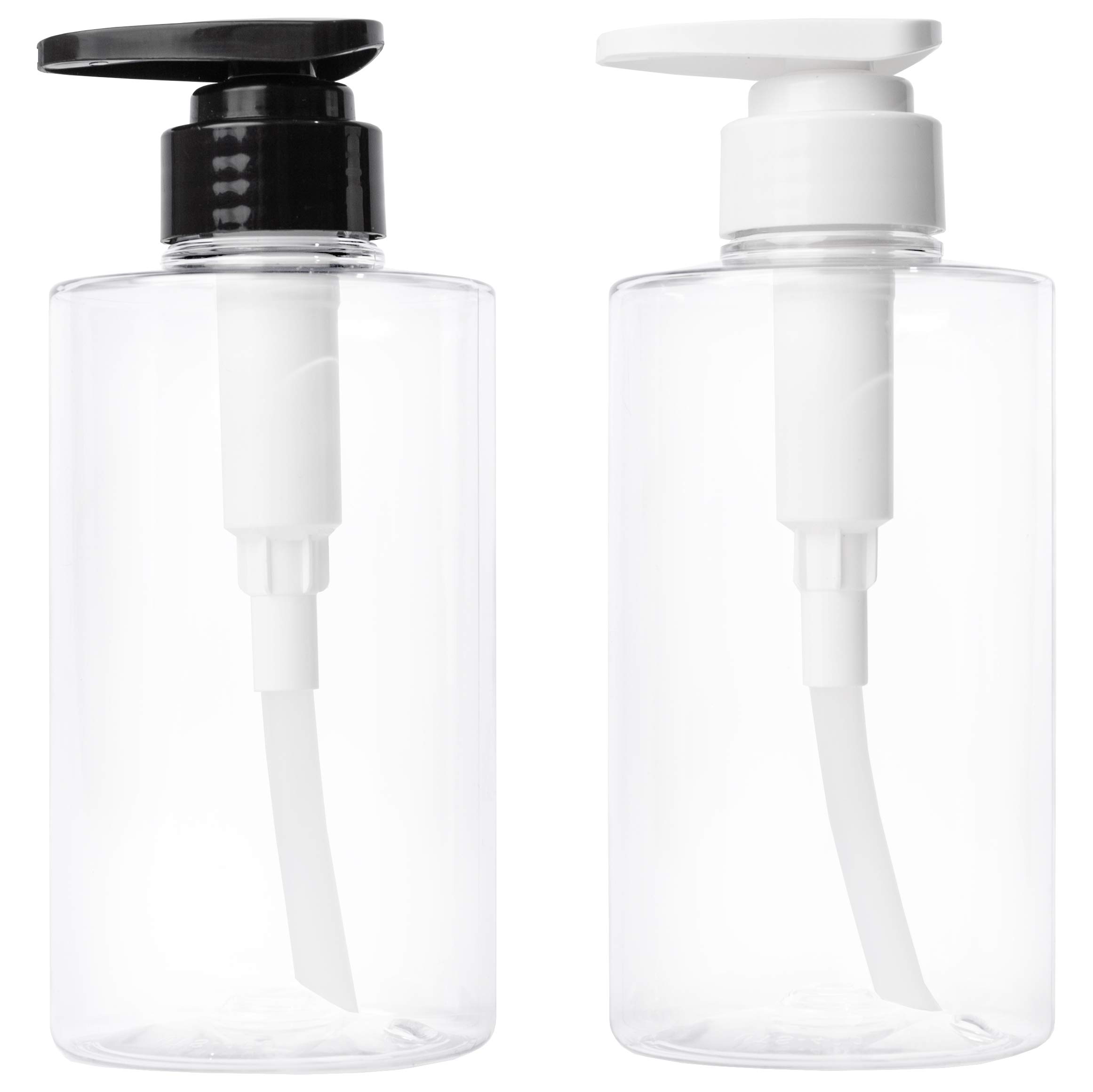 2-Pack of Plastic Pump Bottles, 14oz (400ml) Clear Refillable Hand Lotion Bottle with Pump Dispenser, Easy to Use Empty Small Pump Bottle for Shampoo Dispenser Soap Bottles, Black and White Pumps