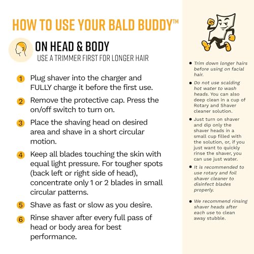 Head Shaver for Bald Men, Water-Resistant, Replaceable Head, Rechargeable, Electric, Cordless, Ergonomic, Bald Buddy