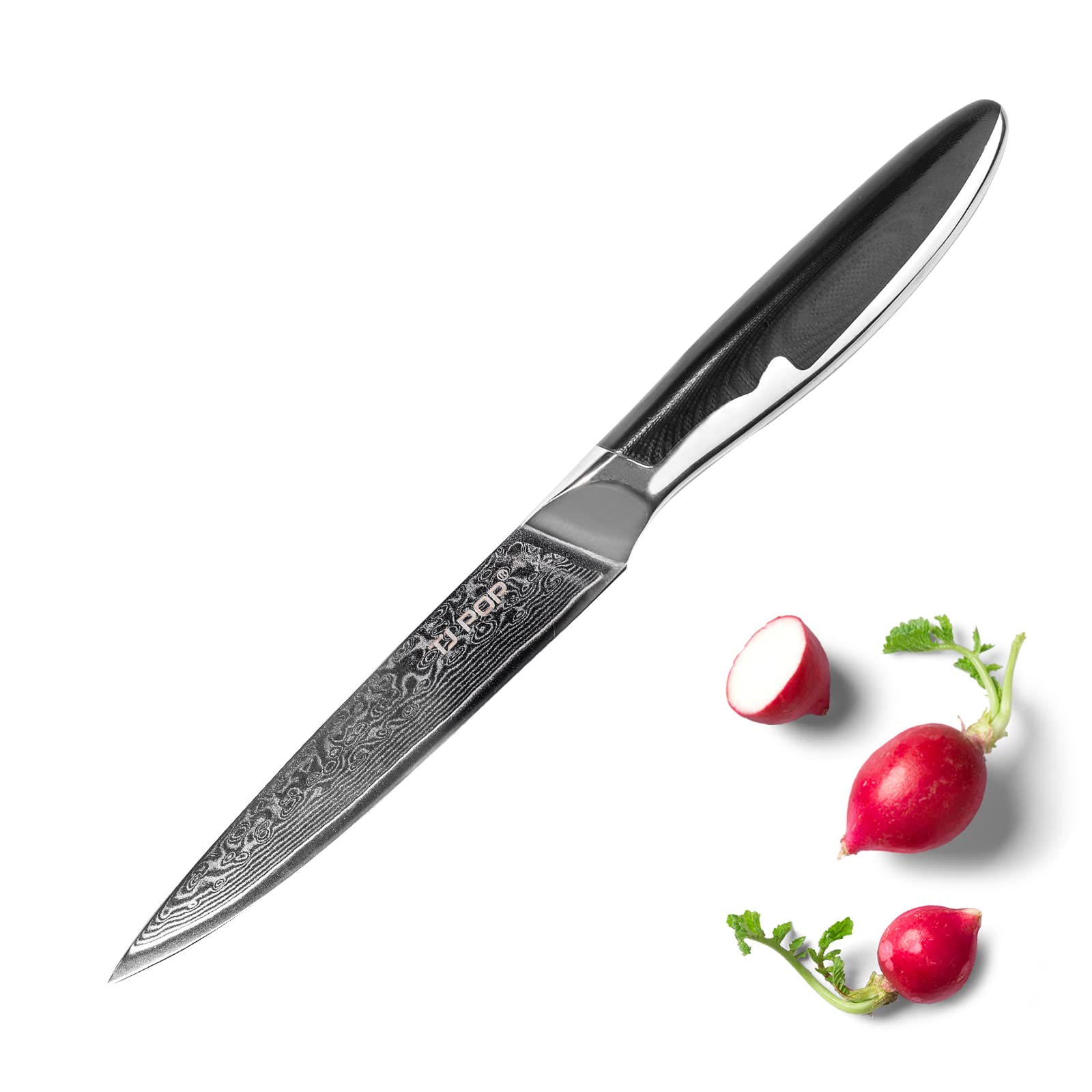 TJ POP Damascus Kitchen Utility Knife 5 Inch, Ultra Sharp Petty Chef Knife, Full-tang Knife, Japanese VG10 Steel Blade, Comfort Grip Non-slip G10 Handle
