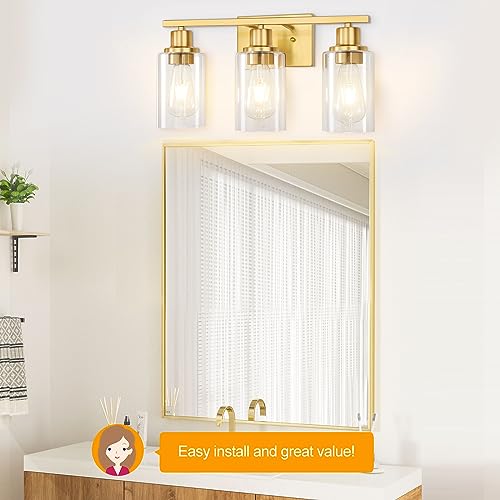 3-Light Brushed Gold Bathroom Light Fixtures, Brushed Brass Vanity Light Fixture Modern Bath Wall Sconce Lighting Wall Mount Lights Over Mirror with Clear Glass Shade for Living Room Bedroom Hallway