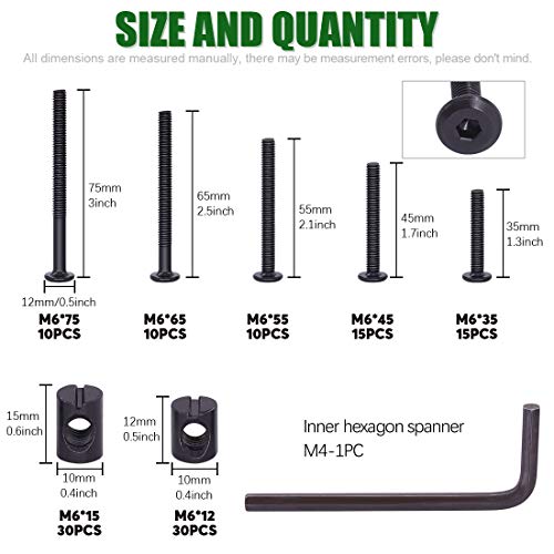 Keadic 122Pcs M6 x 35/45/55/65/75mm Baby Bed Screws Hardware Replacement Kit, Black Hex Socket Cap Bolts Barrel Nuts Assortment Kit for Furniture Cots Beds Crib, 1 Hex Key and Plastic Box for Free