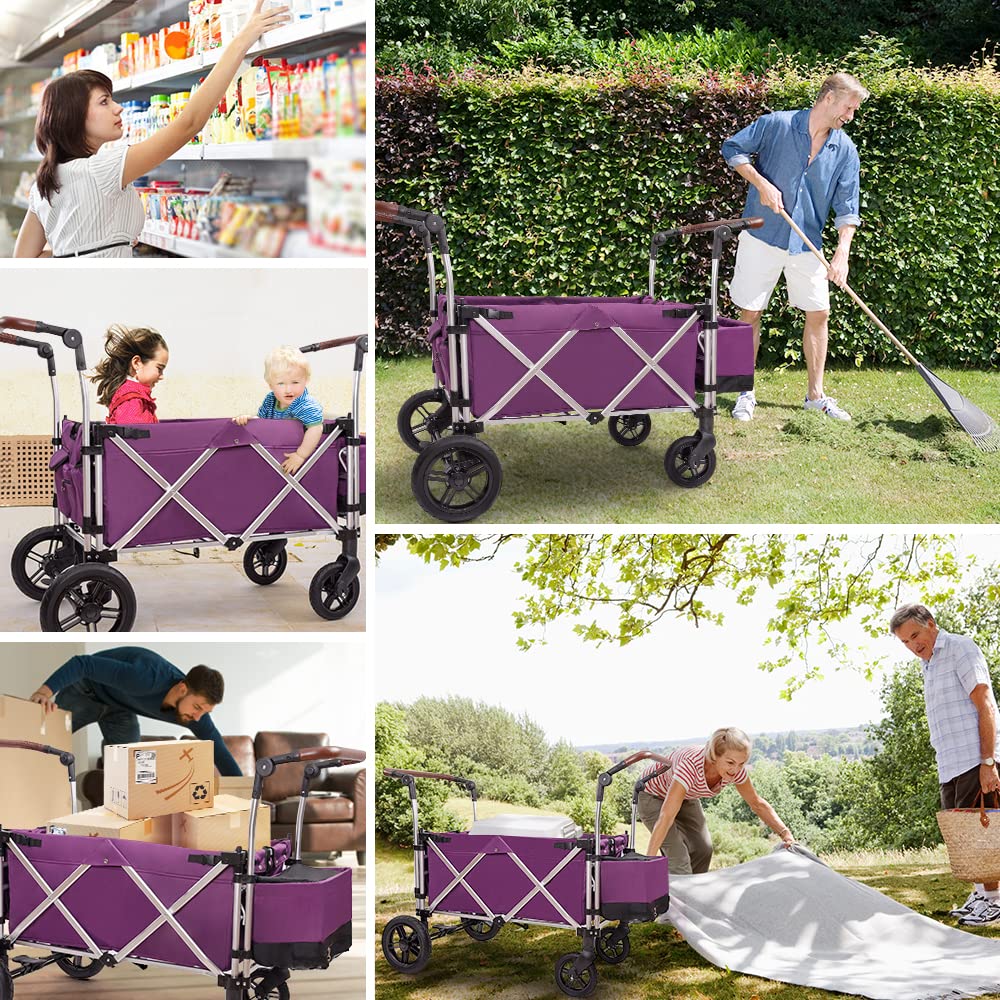 Unichart Push Wagon Stroller 2 Passenger Flodable Baby Stroller with Adjustable Handle Bars, Rain Cover, Carrying Bags & Basket, Double Seats with 5-Point Harness(Large, Purple)
